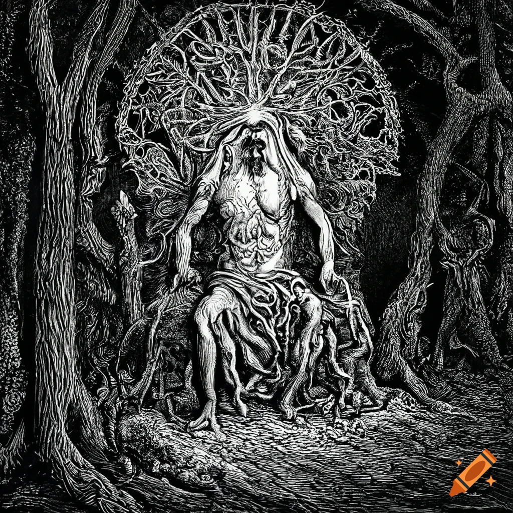 Intricate engraving of a norse pagan tree god on a branch throne in a ...