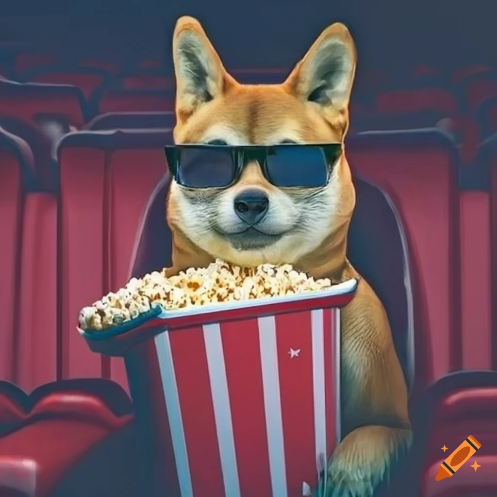 Realistic portrait of a doge with glasses eating popcorn in a movie ...