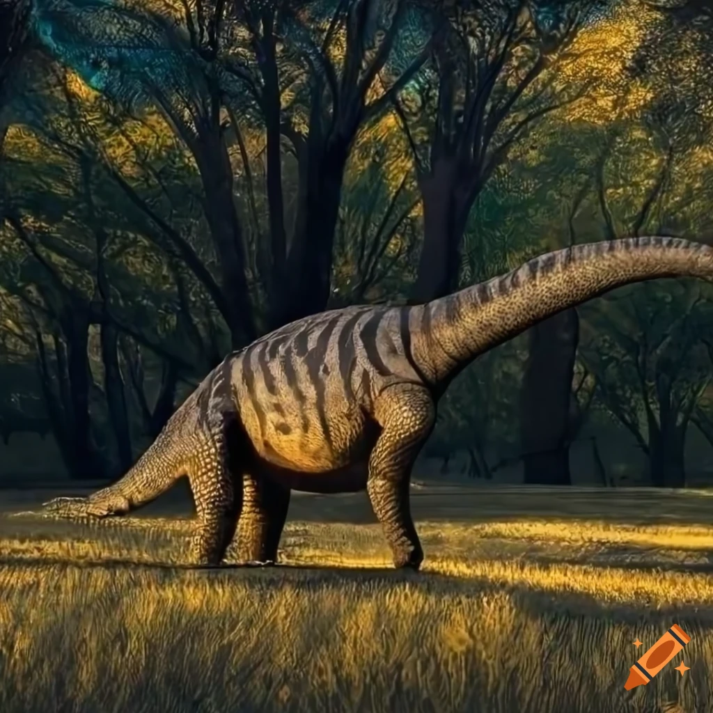 Detailed view of a hefty Hadrosaurus dinosaur in warm morning light on ...