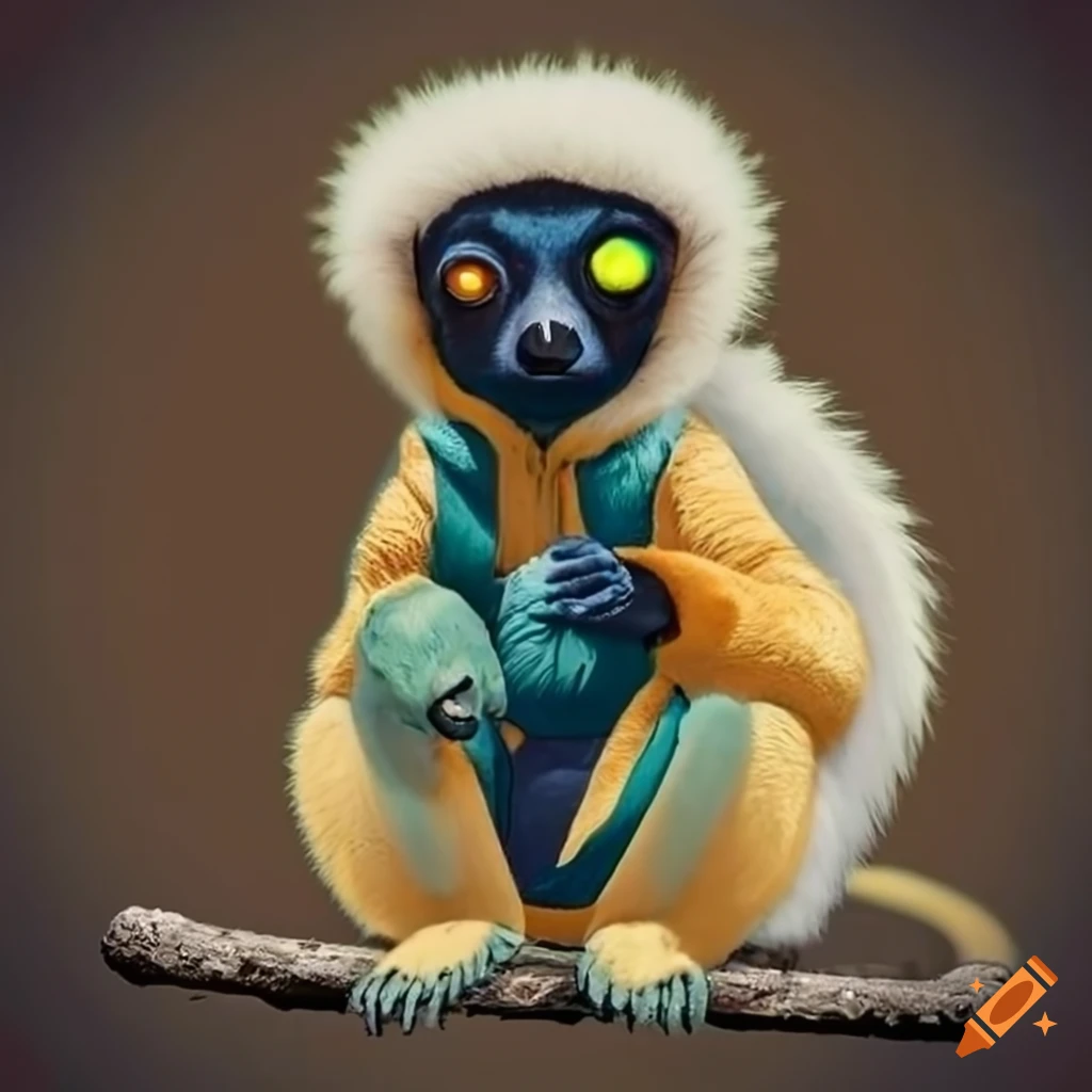 Mystical human-sifaka hybrid with fluffy hat and jacket on a tree ...