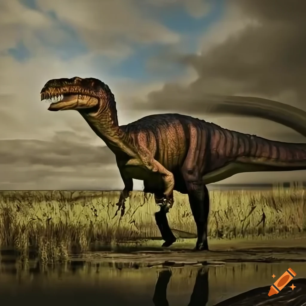 Detailed artwork of two baryonyx dinosaurs in a marshland on Craiyon