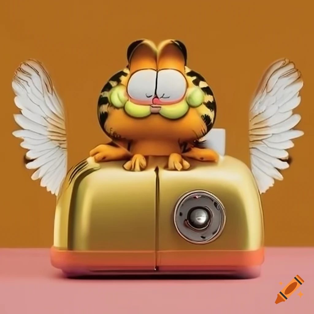 Garfield on a flying toaster with golden angel wings in a modern ...