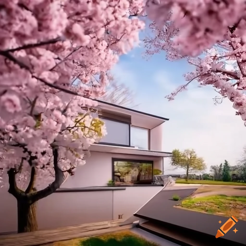 Beautiful modern house surrounded by cherry blossom trees on Craiyon