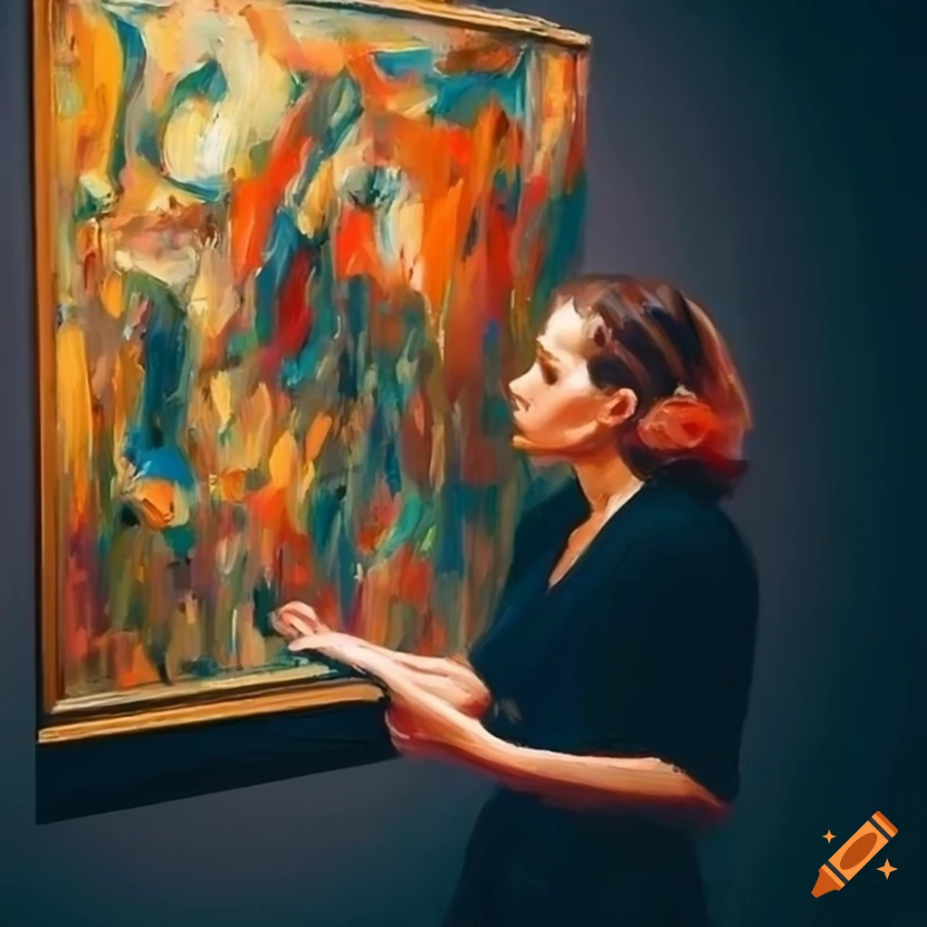 Person observing an abstract oil painting in a museum on Craiyon