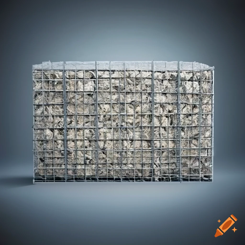 Rectangular wire box gabion filled with concrete rubble on Craiyon