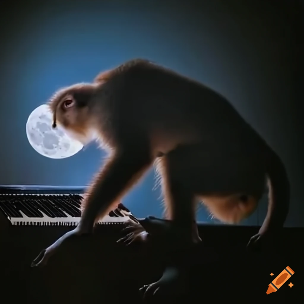 Monkey playing electric piano and modular synth in a forest on the moon ...