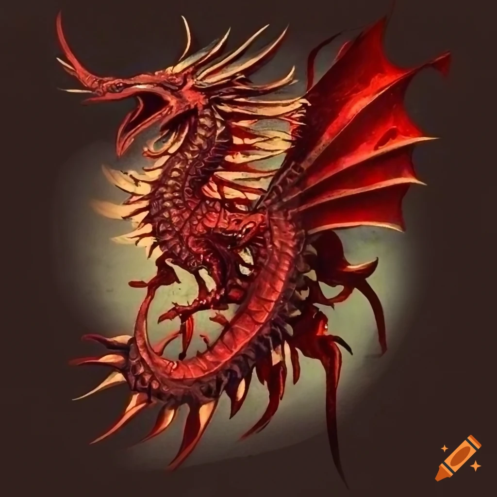 Simplified, messy medieval style of a spiked red dragon on Craiyon