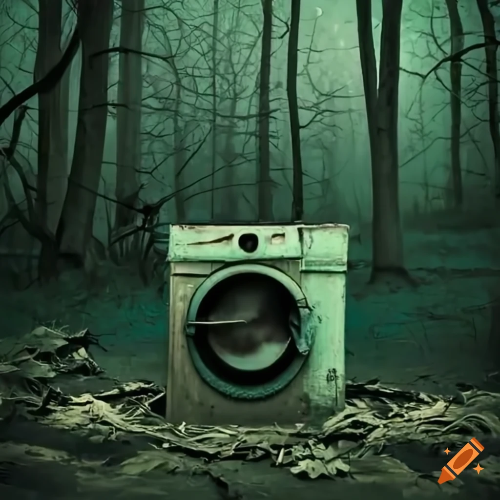 Spooky forest with old washing machine and trash on Craiyon