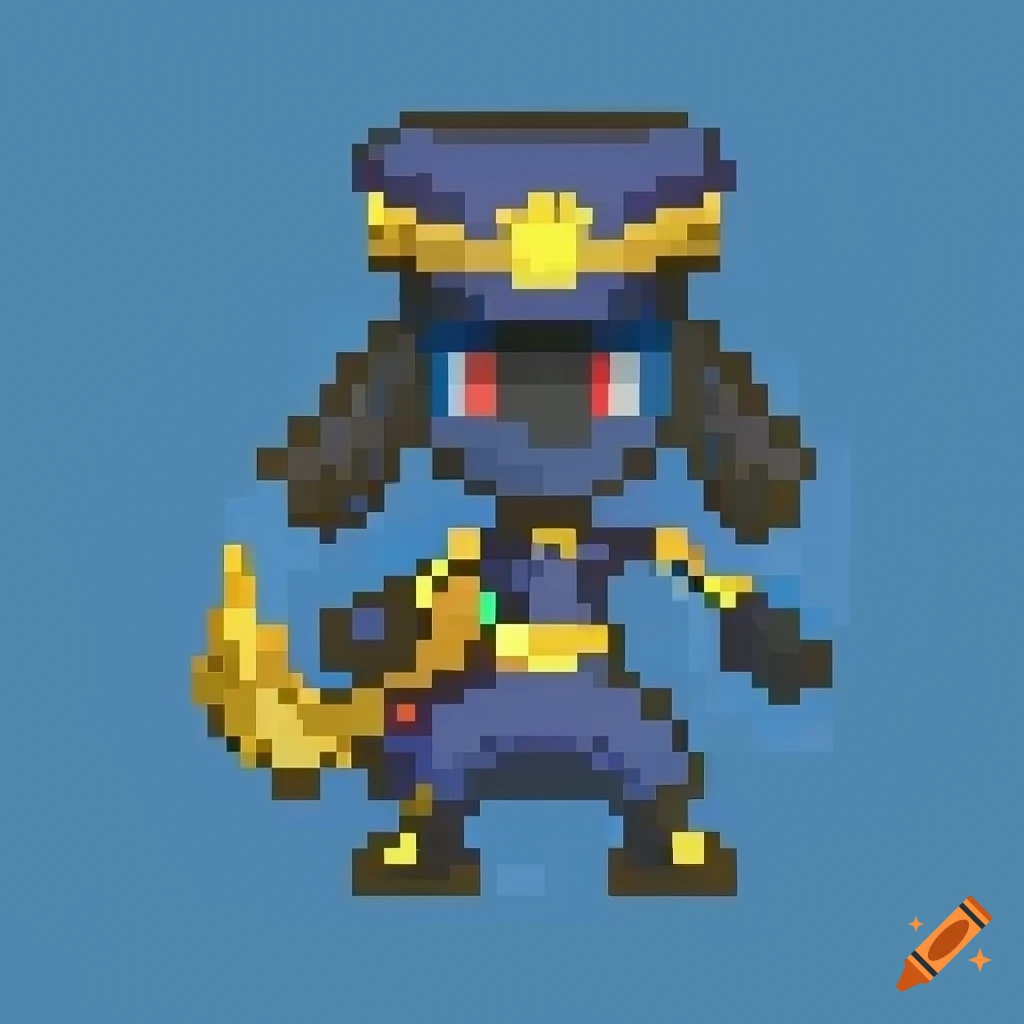 Riolu wearing captain dark blue uniform with yellow lining in pixel art ...