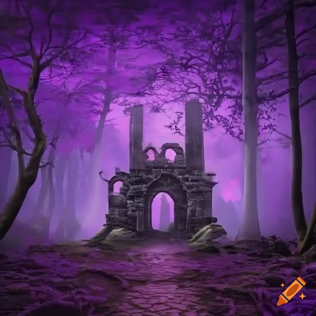 Enchanted purple forest with ancient ruins on Craiyon