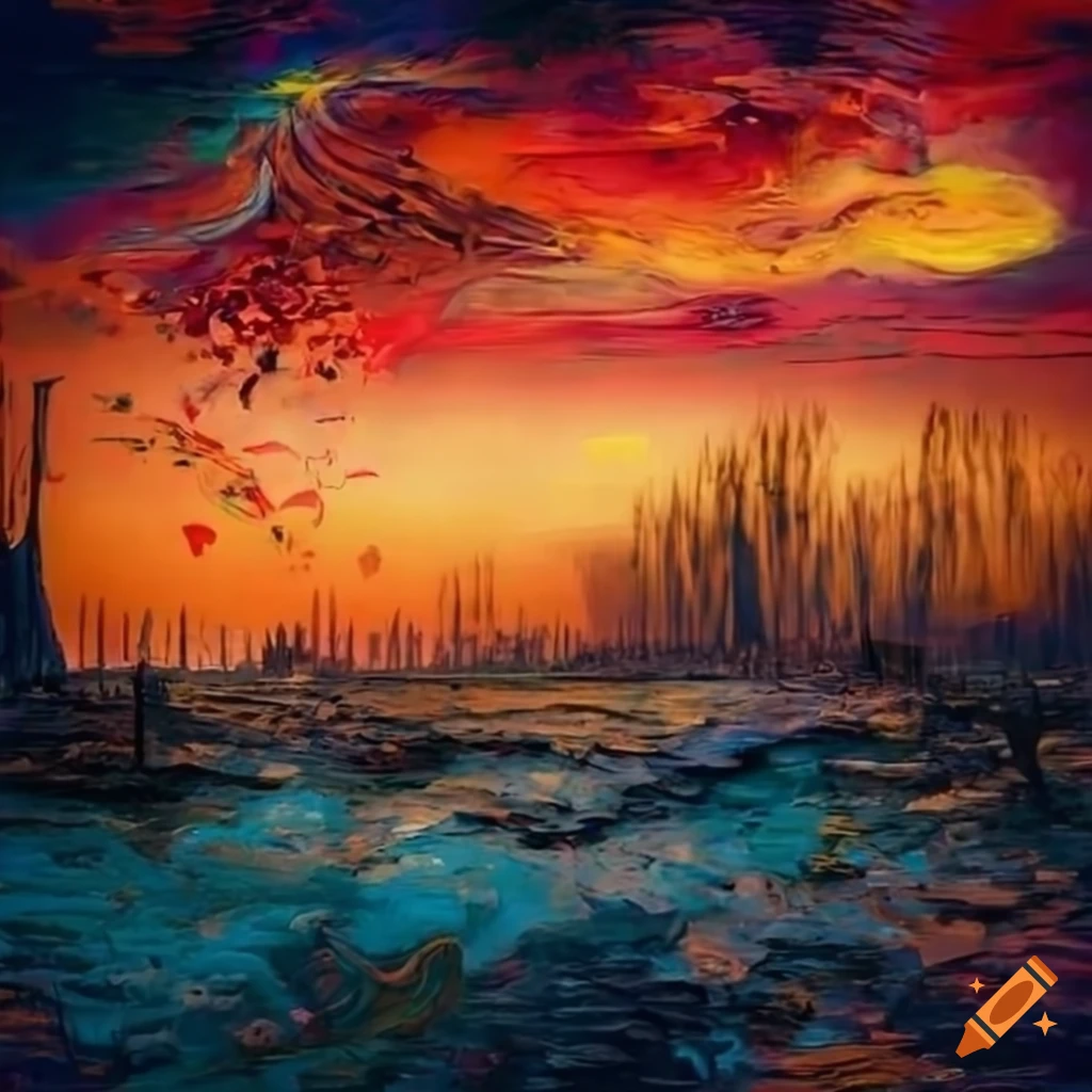 Post-apocalyptic wasteland with vibrant sunsets and van gogh-style ...
