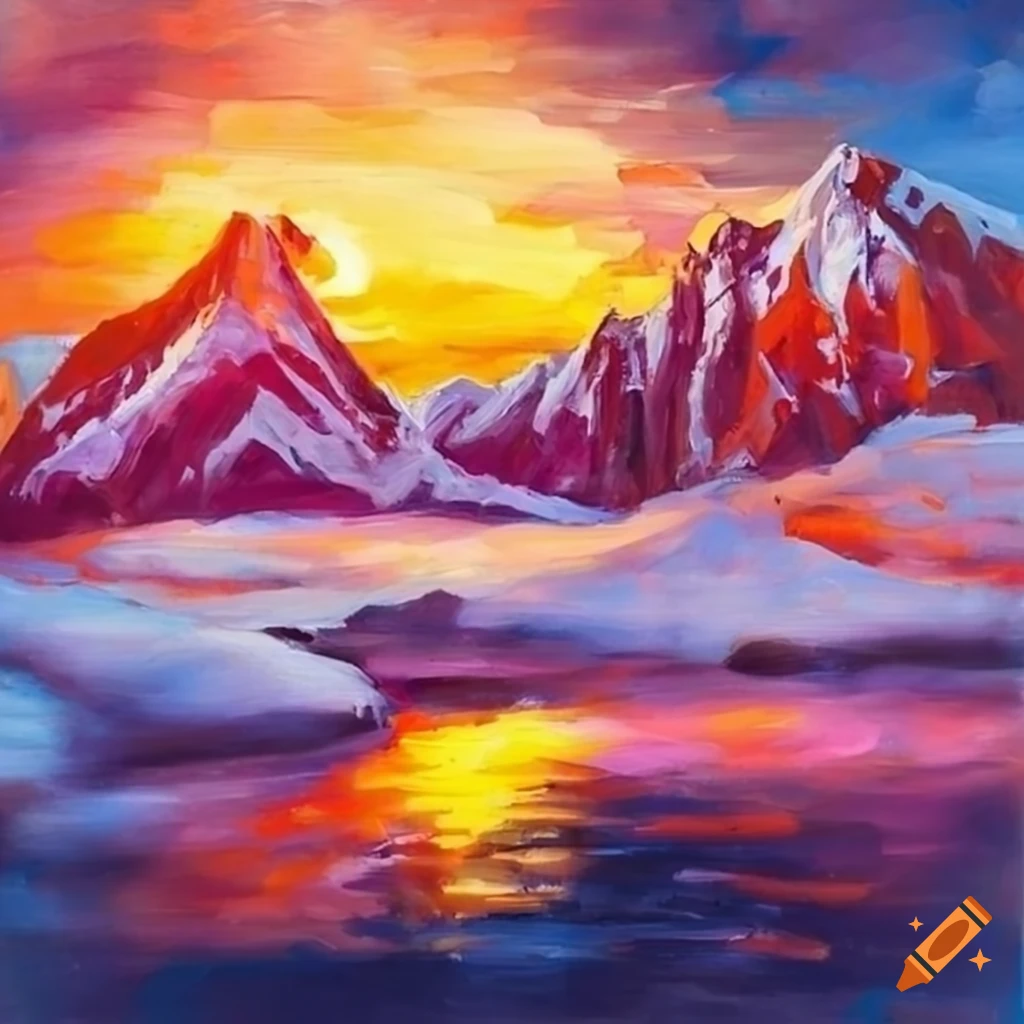 Sunset on snowy mountains painting on Craiyon