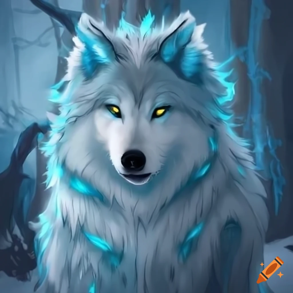 White and blue wolf ice demon with a fluffy coat on Craiyon