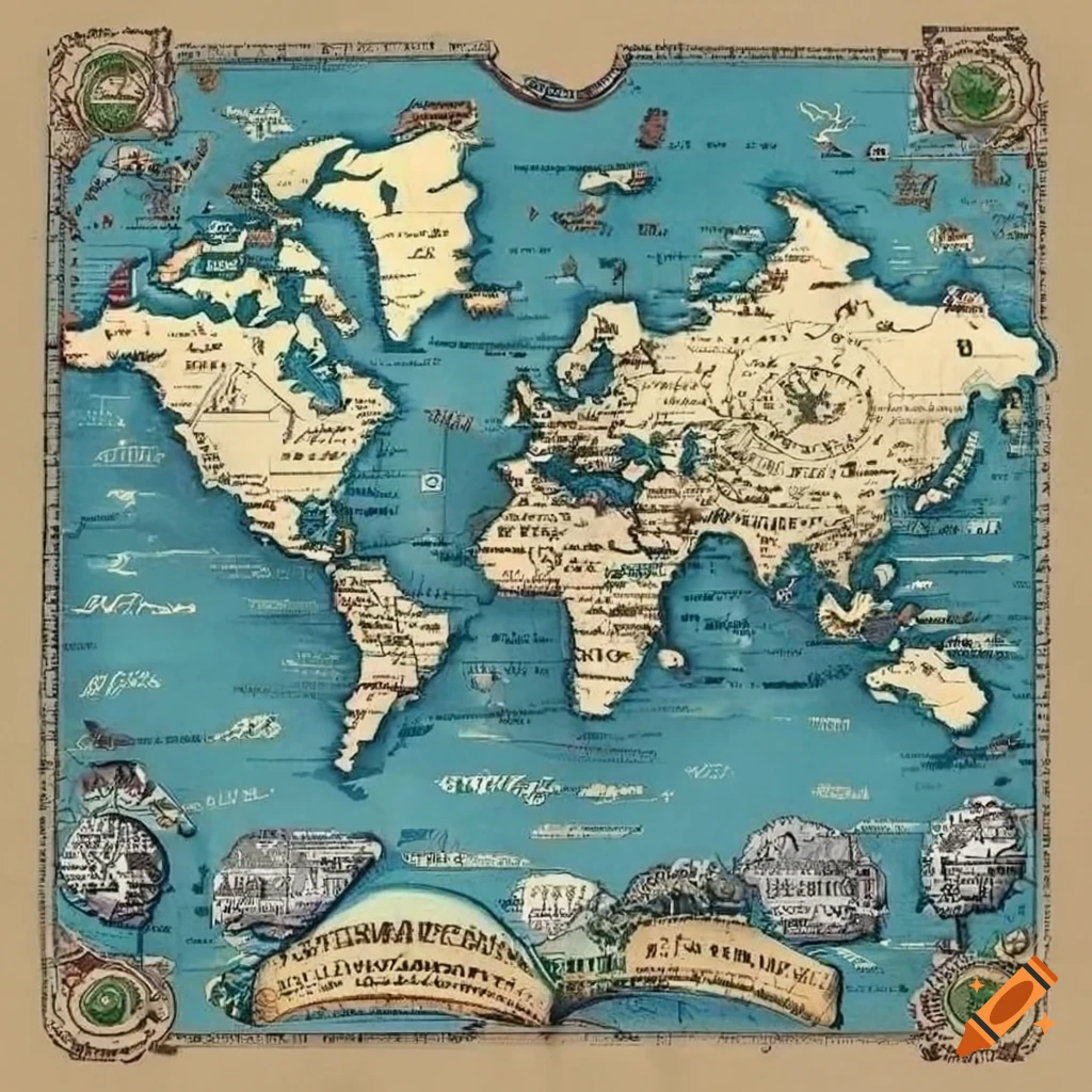 Antique hand-drawn world map with reference markers on Craiyon