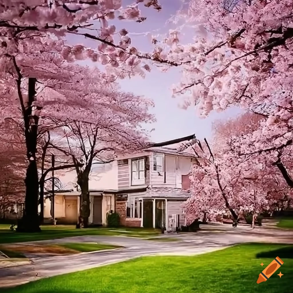 Beautiful modern house surrounded by cherry blossom trees on Craiyon