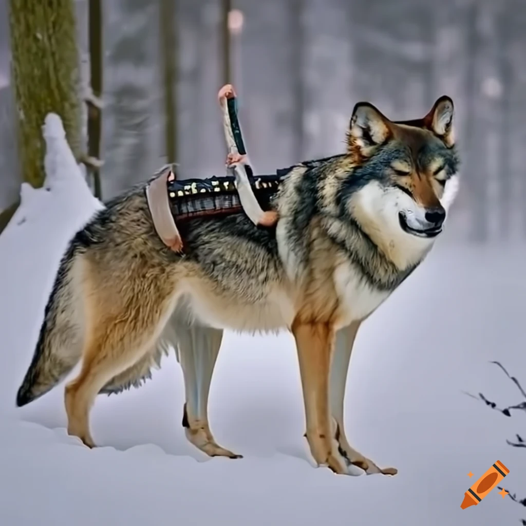 Majestic wolf with samurai sword in a snowy forest on Craiyon
