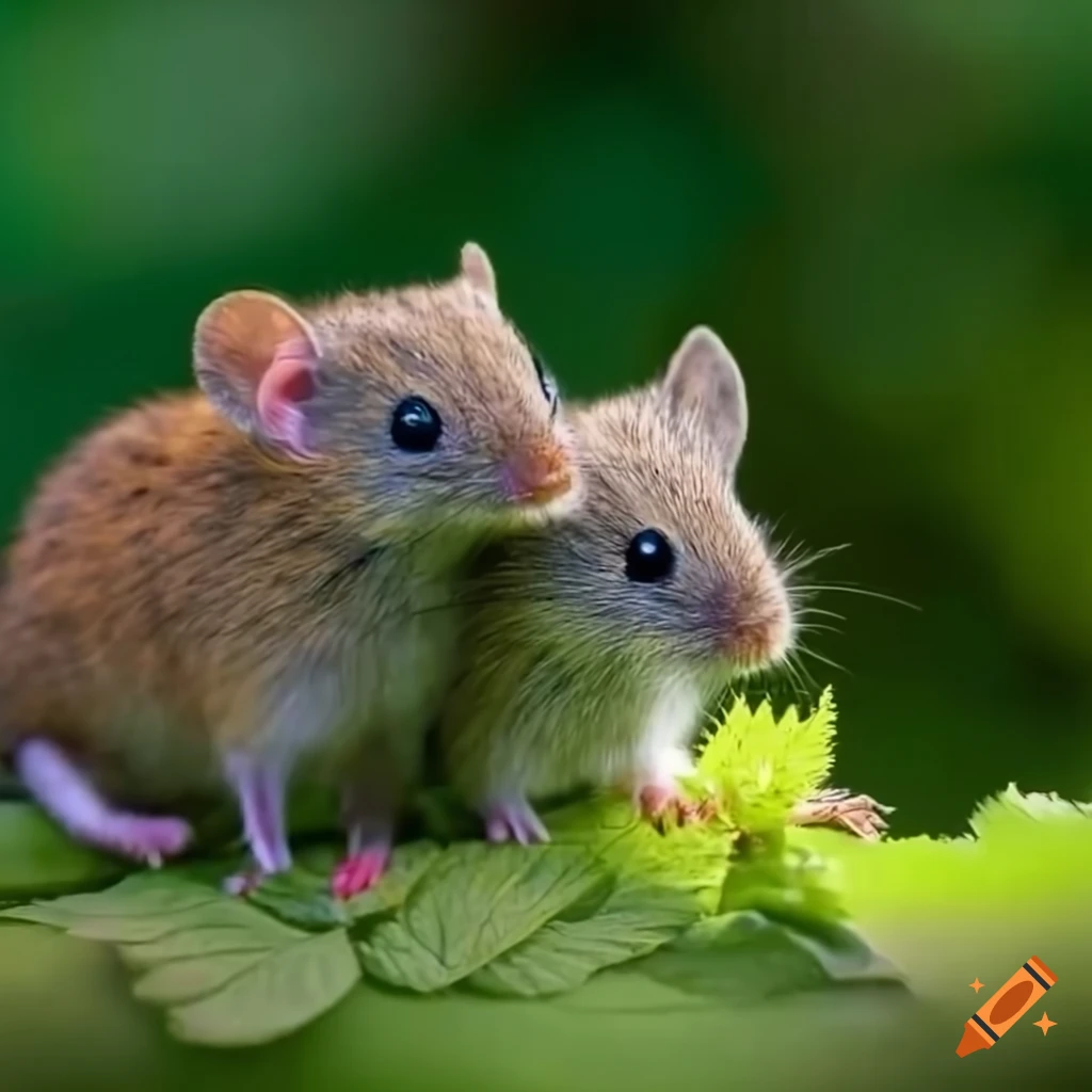 Two cute mice adventurously exploring the forest and finding a bunny in a raspberry bush on Craiyon