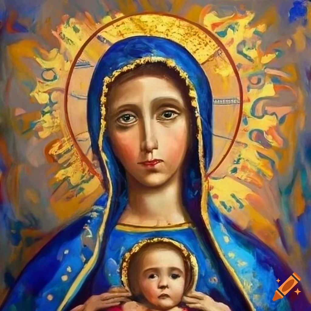 Abstract painting with purples, blues, and yellows depicting The Virgin ...