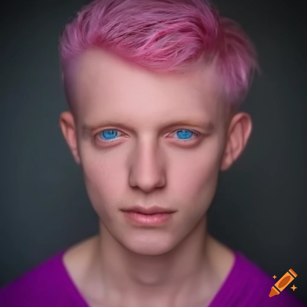Pale-skinned man with pink hair and blue eyes wearing a purple ...