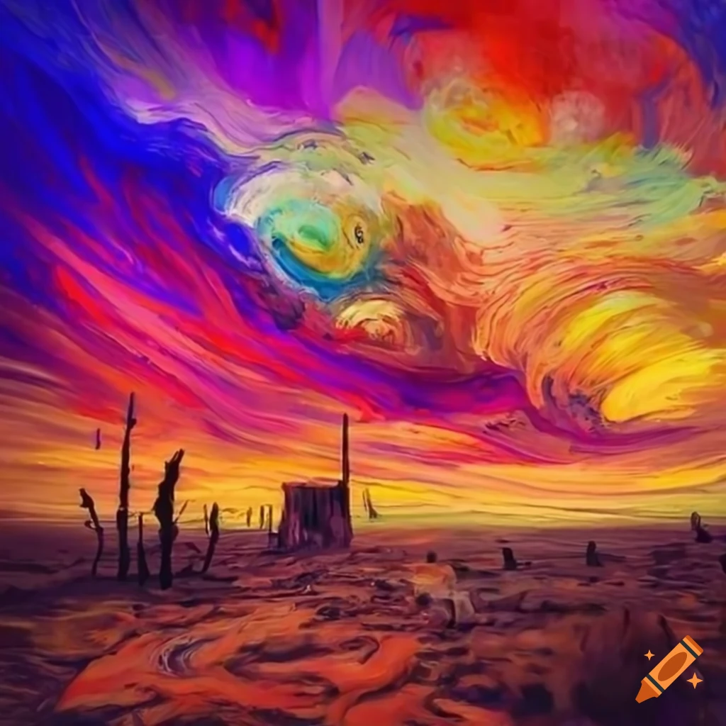 Post-apocalyptic wasteland with vibrant sunsets and van gogh-style ...
