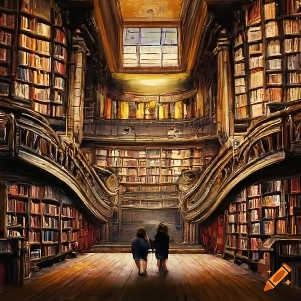 Person inside a large library in an epic painting on Craiyon