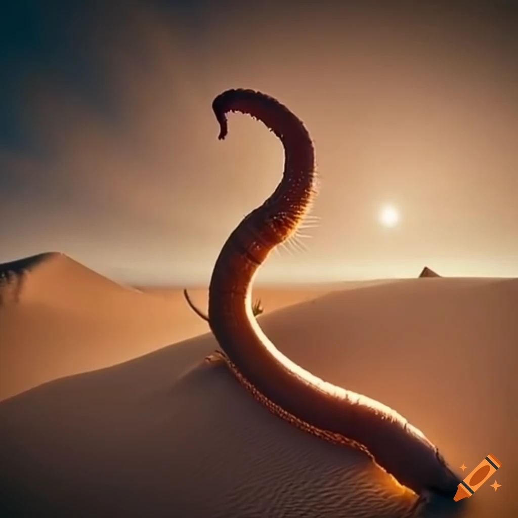 Aerial view of a giant sandworm on a dune on Craiyon