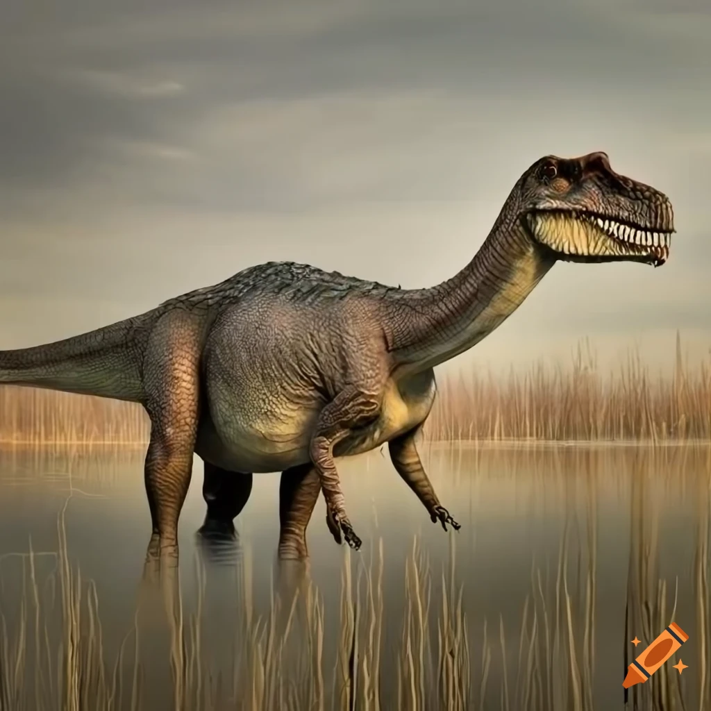 Detailed artwork of two baryonyx dinosaurs in a marshland on Craiyon