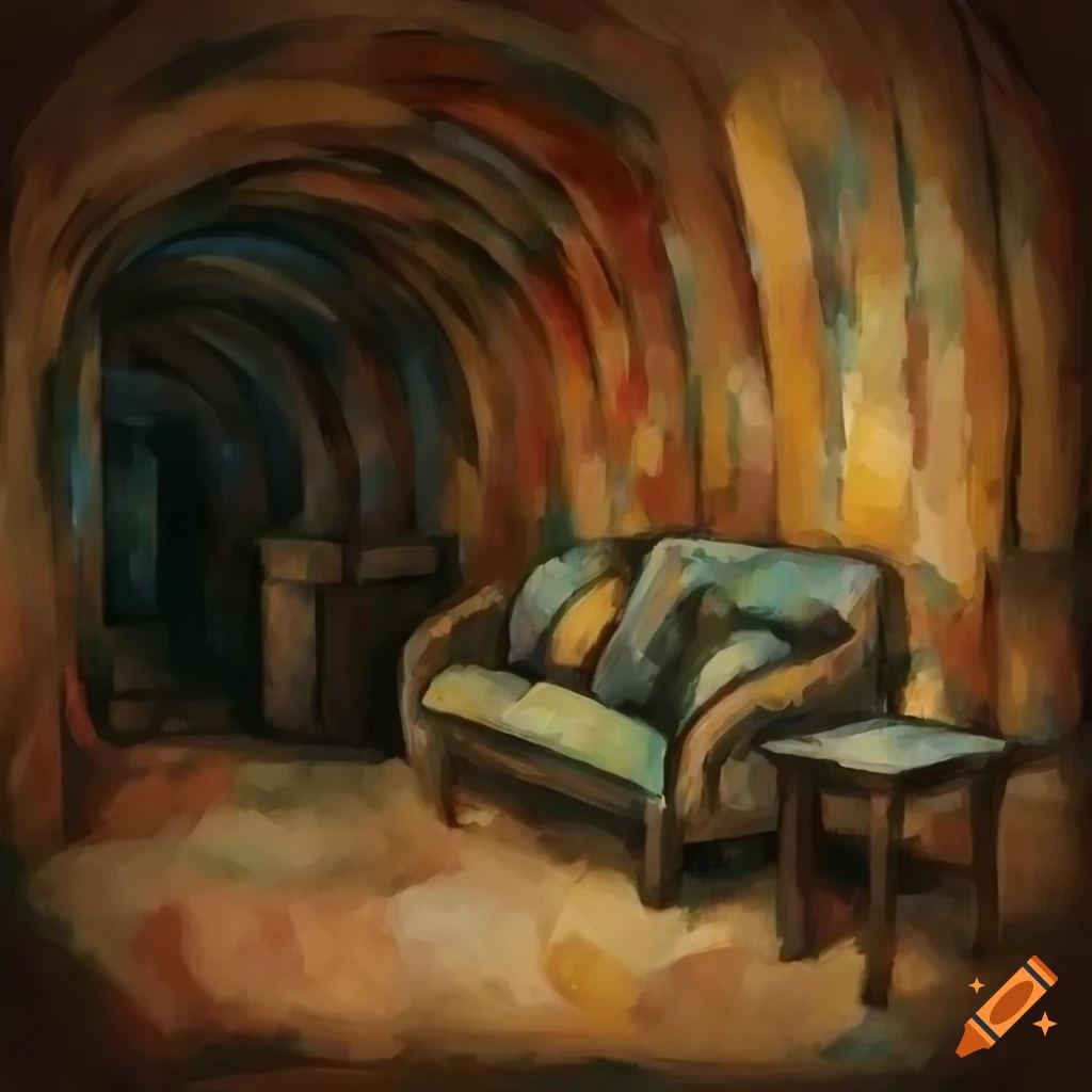Comfortably furnished underground tunnel with a sofa, table, and old ...