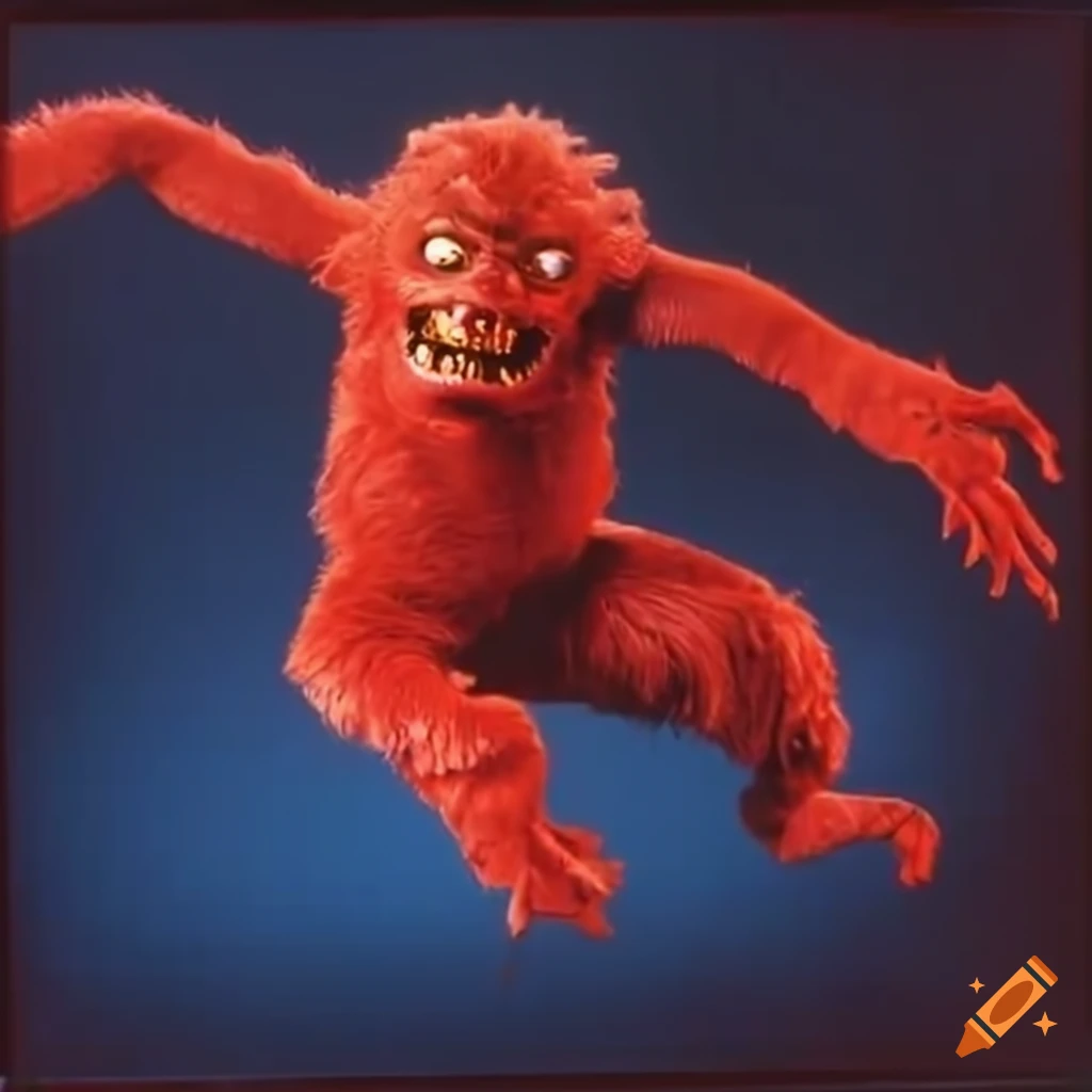 Red creature dancing in a 70s sitcom vhs style on Craiyon