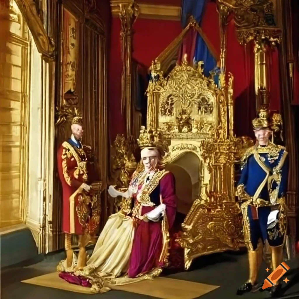 Regal queen on golden throne with loyal attendants on Craiyon