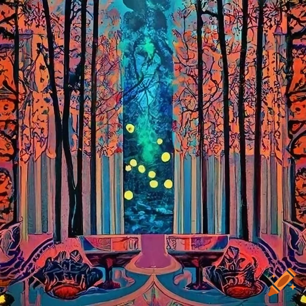 Intricate serigraph of The Three of Cups Tarot Card in a twilight pine ...