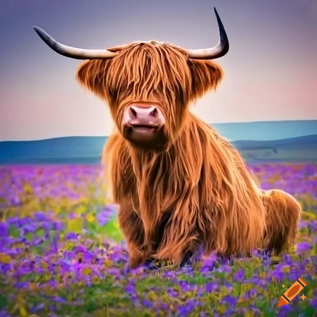 Cute light colored highland cow sitting in a field of flowers on Craiyon