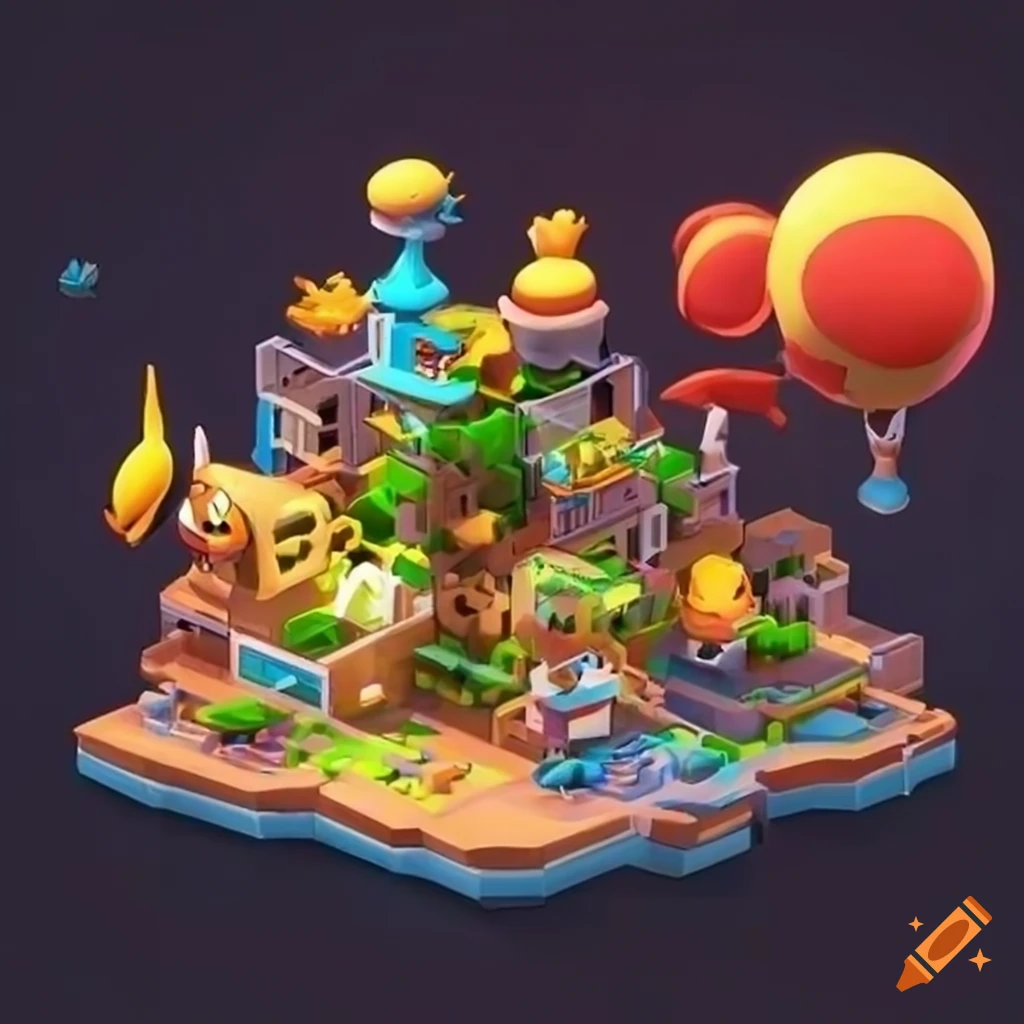 3d isometric world featuring pokemon characters on Craiyon
