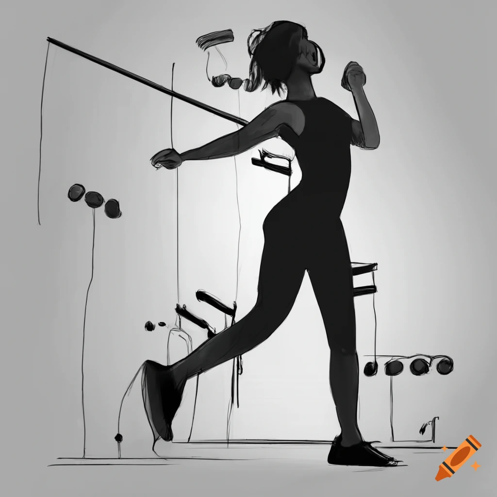 Group of people exercising with a step and weightlifting bar in pencil ...