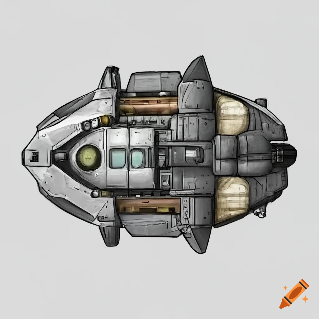 Detailed grey industrial spaceship in a top-down view on Craiyon