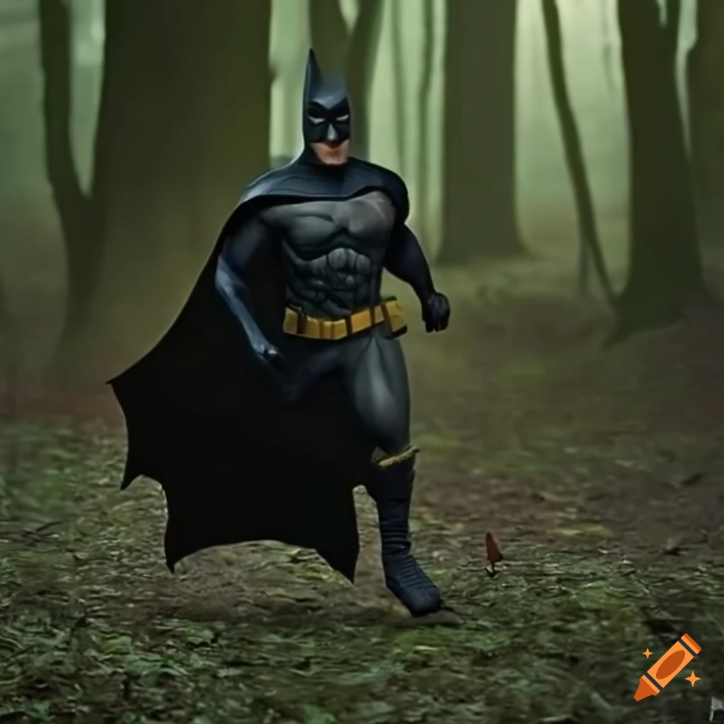 Matthew Perry as Batman running in the woods on Craiyon