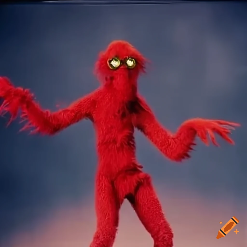Red creature dancing in a 70s sitcom VHS style on Craiyon