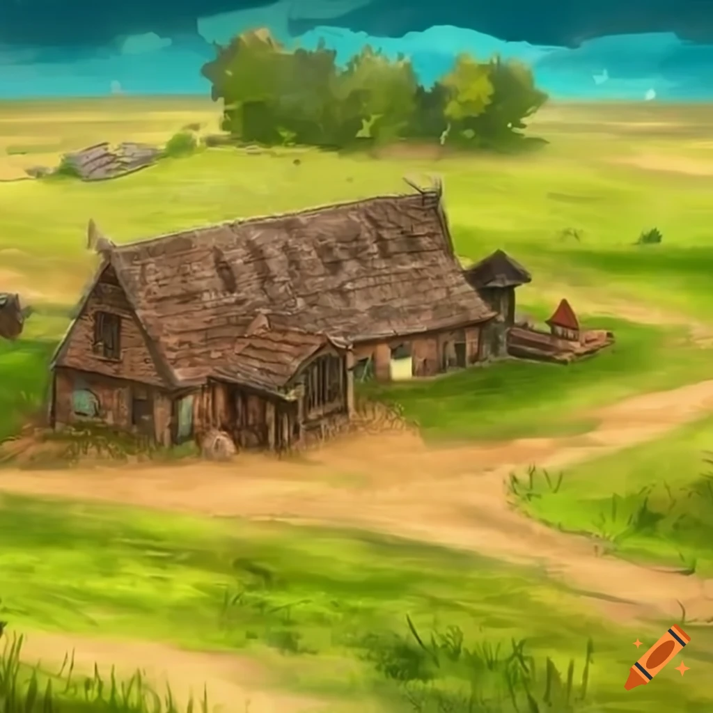 Fantasy wooden tavern surrounded by grassy and dirt fields with ...