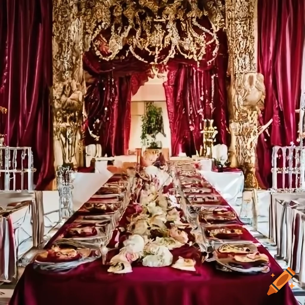 Spanish-burgundy wedding table with gold and silver display on Craiyon