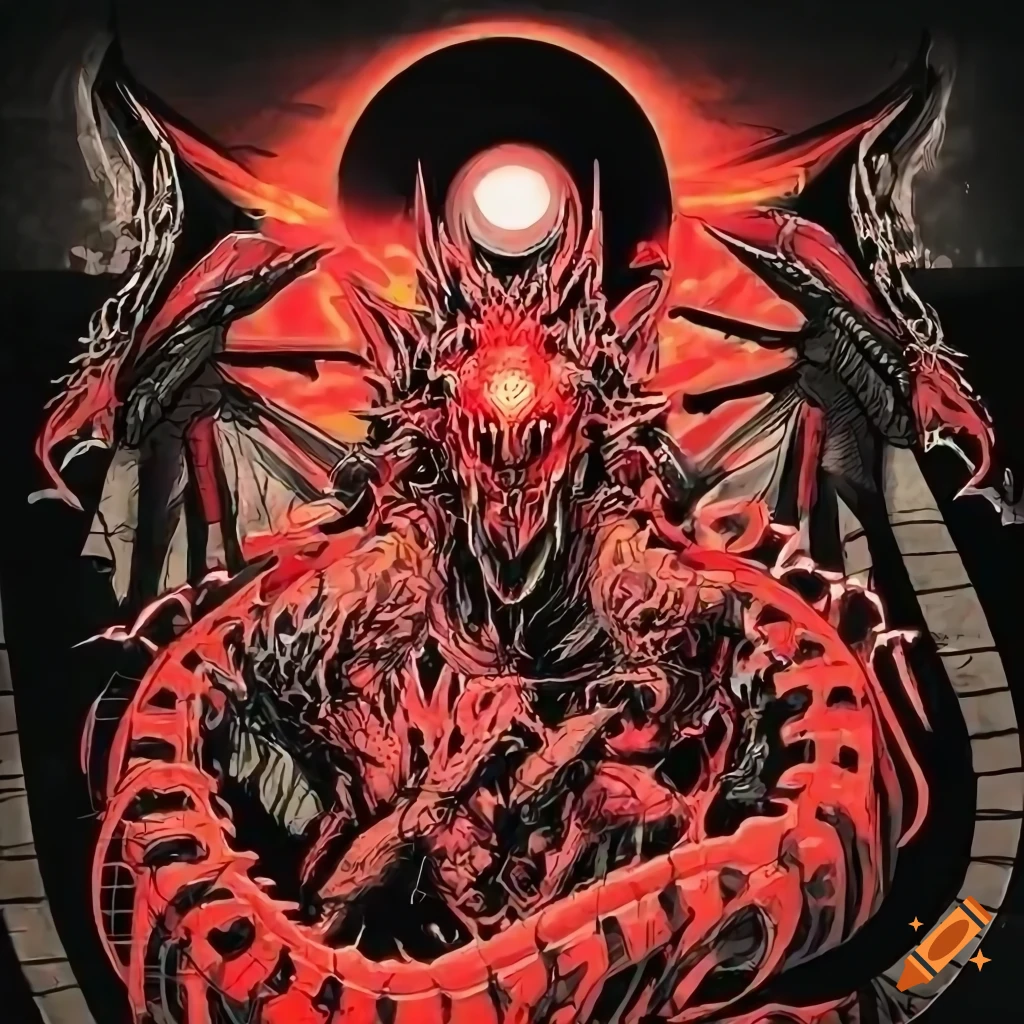 Demonic black dragon kalameet emerging from the moon in fluorescent red, black, and white on Craiyon