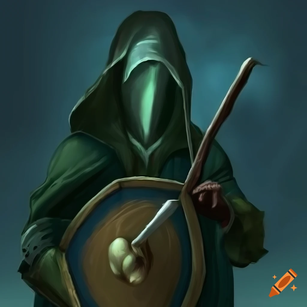 Lanky cloaked elf with a shield mask in a fantasy setting on Craiyon