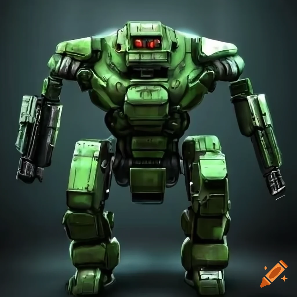 Dark green mech equipped with guns on Craiyon