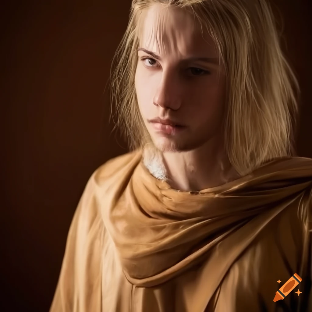 Young ancient greek man with blonde long hair wearing robes on Craiyon