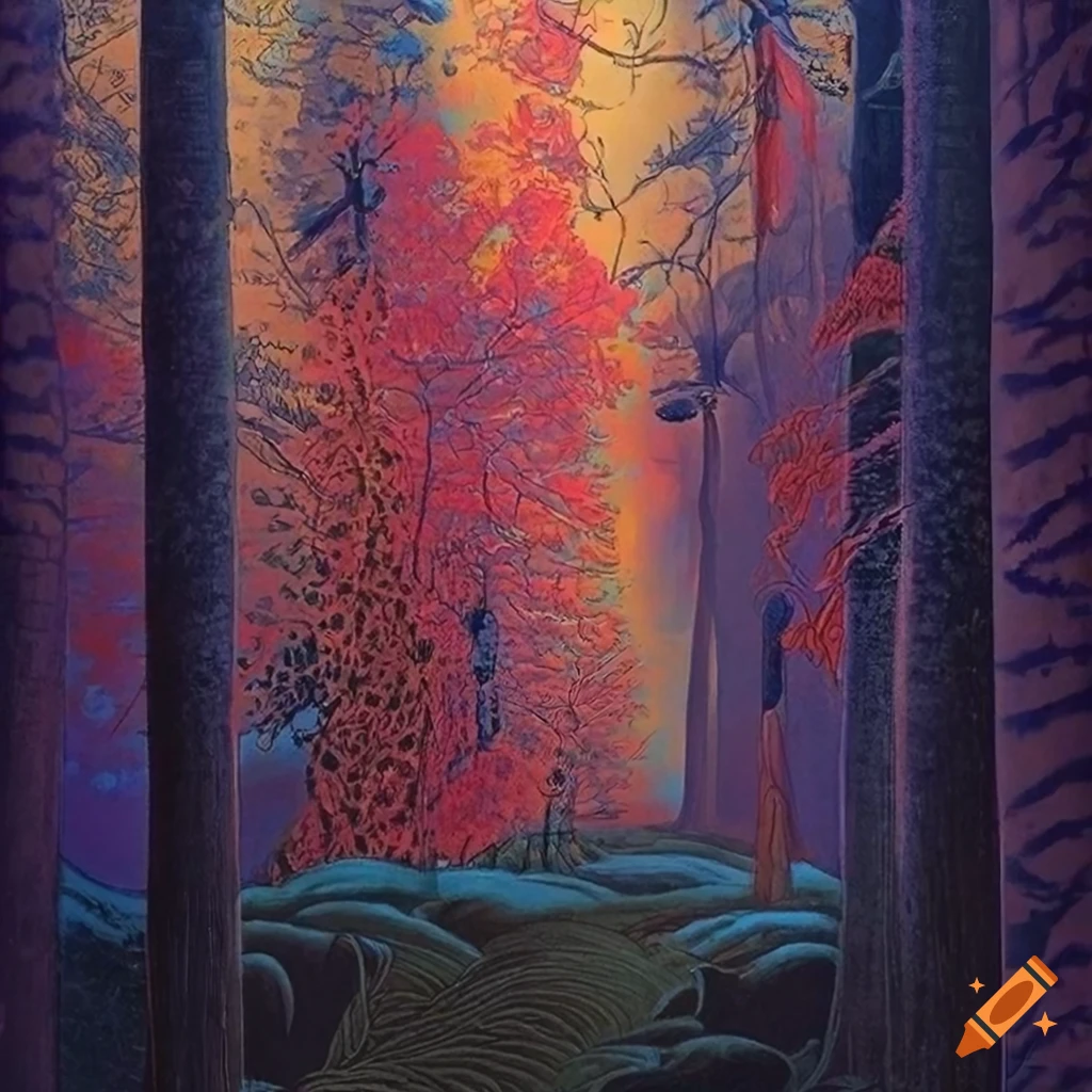 Intricate serigraph of the Three of Wands Tarot Card in a pine forest ...