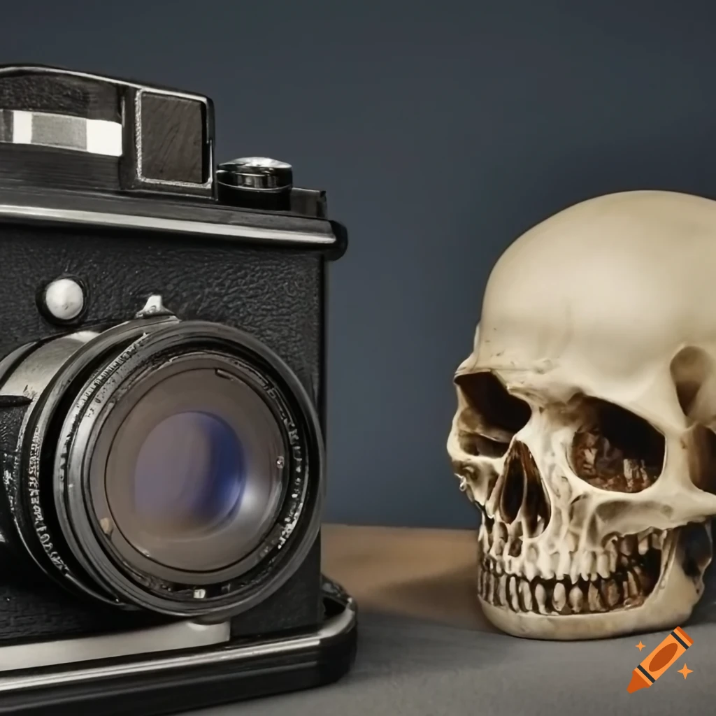 Skull next to a vintage camera on Craiyon