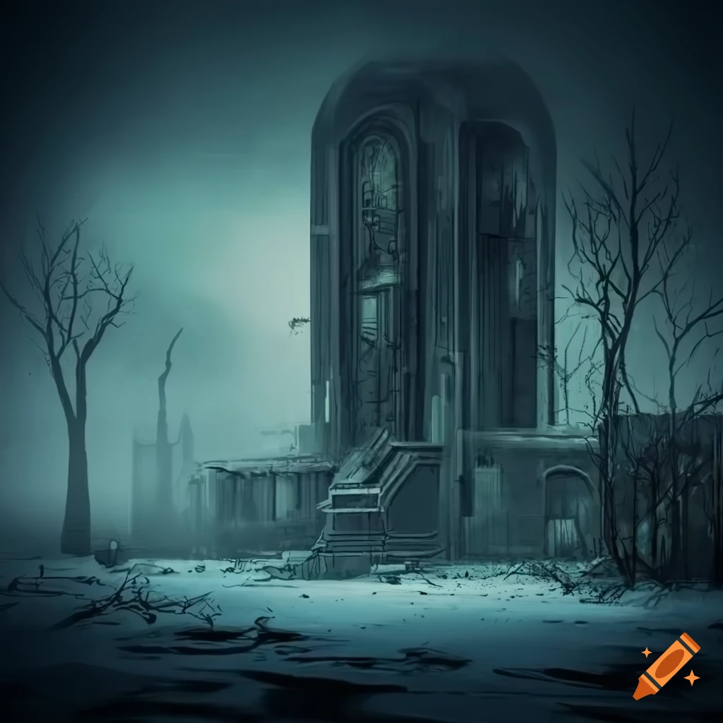 Dystopian scene of abandoned futuristic science lab in winter landscape ...