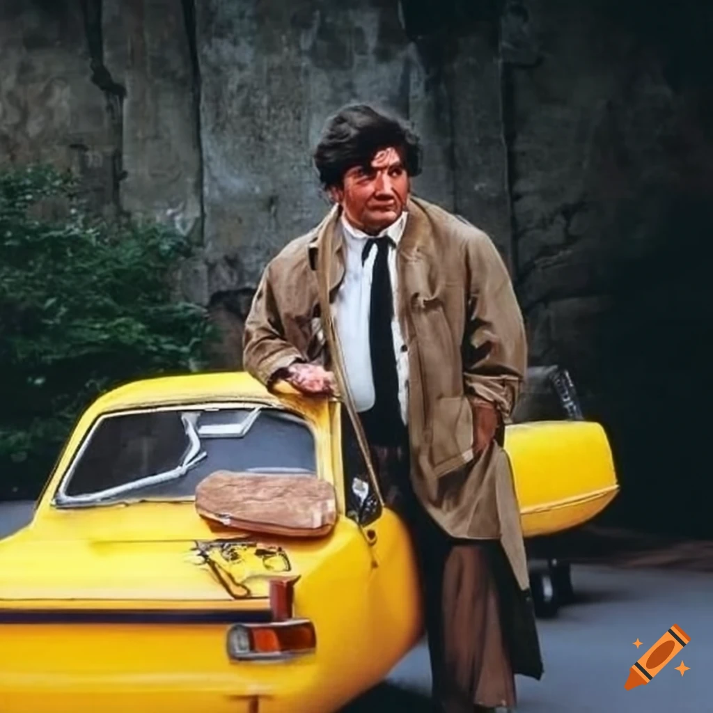 Lieutenant columbo with a yellow reliant robin drinking beer on Craiyon