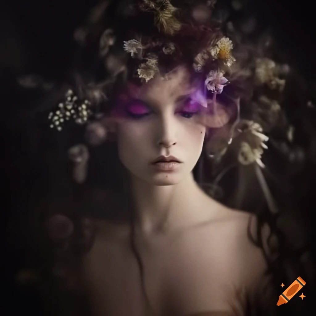 Abstract surreal fashion photography with mist, veil, and dandelions on ...