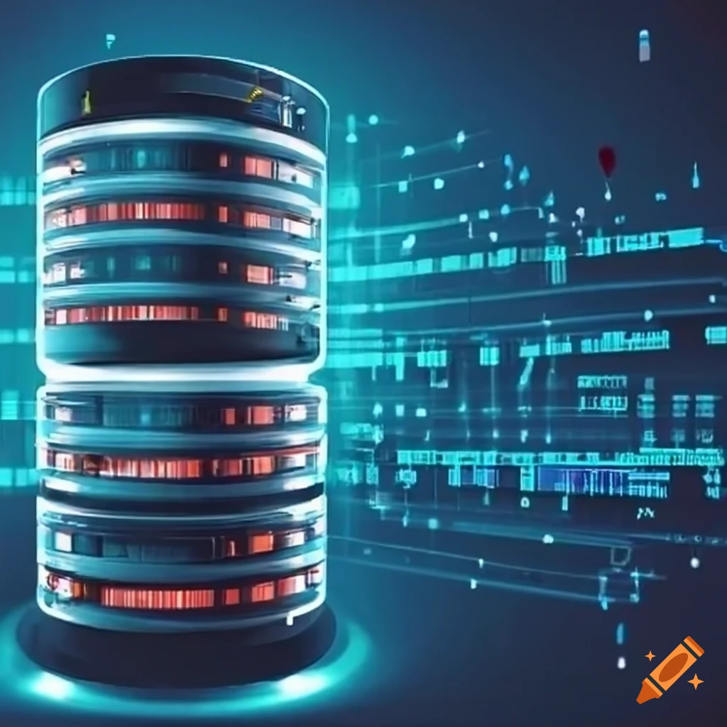 Database server surrounded by data graphs on Craiyon