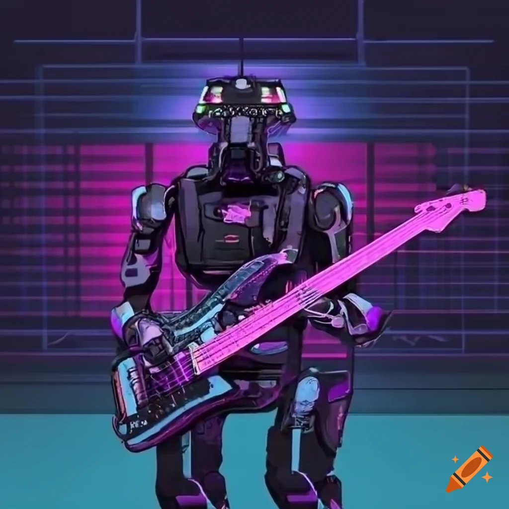 Retrowave black robot mech playing electric guitar in synthwave ...